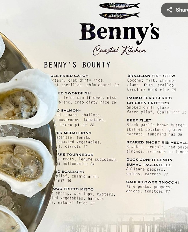 Benny's Coastal Kitchen Restaurant Menu | Seafood Dining in Hilton Head ...