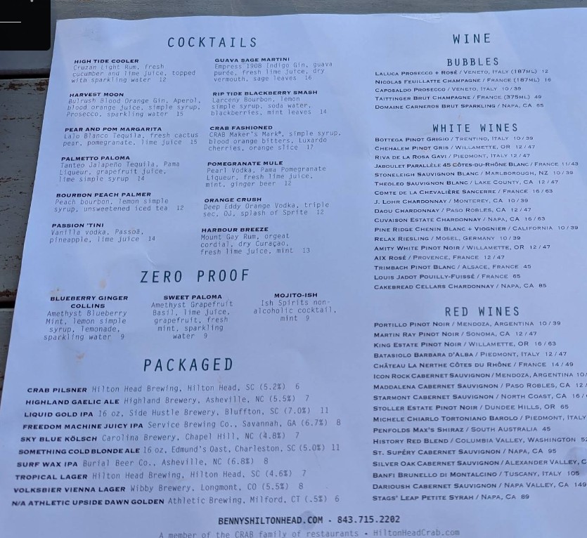 Benny's Coastal Kitchen Restaurant Menu | Seafood Dining in Hilton Head ...